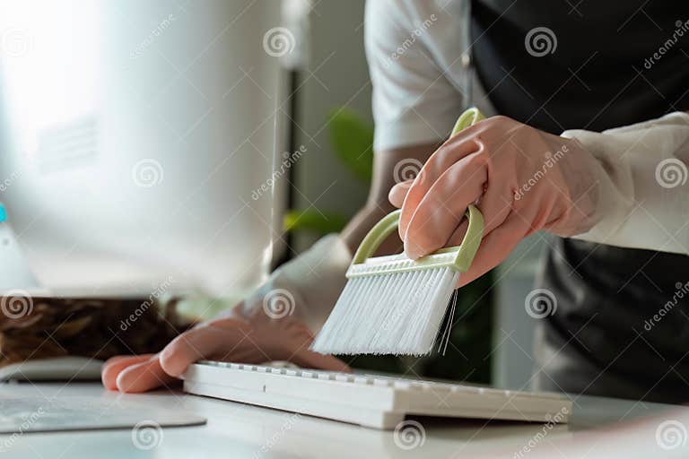 Professional Cleaning Service with Gloved Hands Dusting a Computer ...
