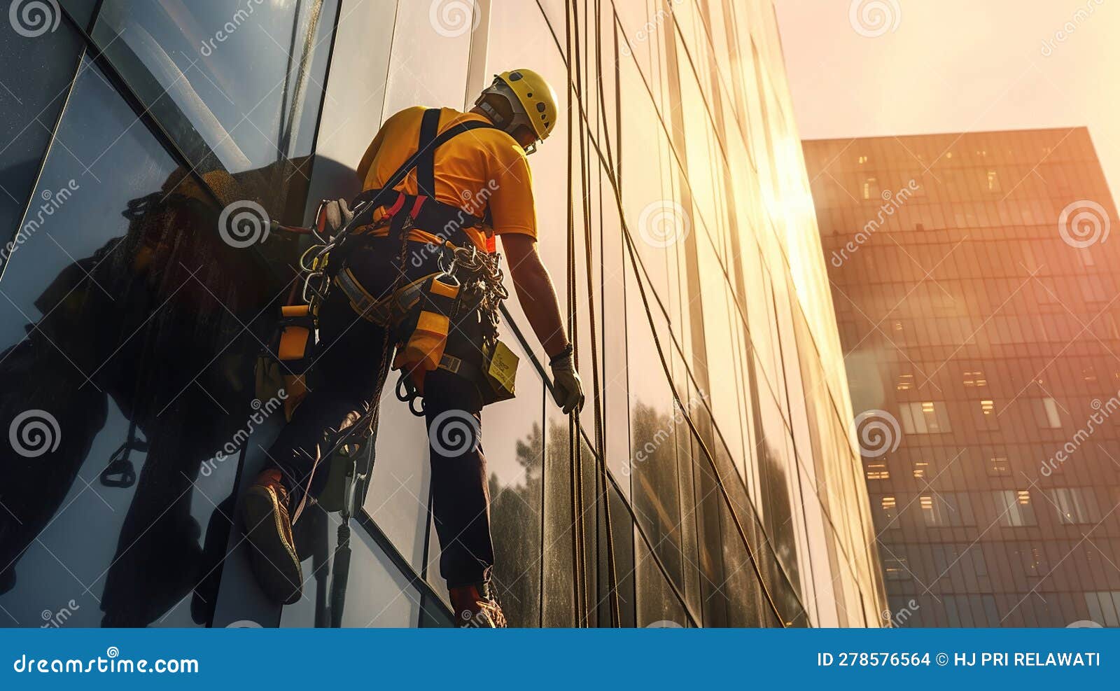 Professional Climber Rope Access Worker Cleaning the Windows on the ...