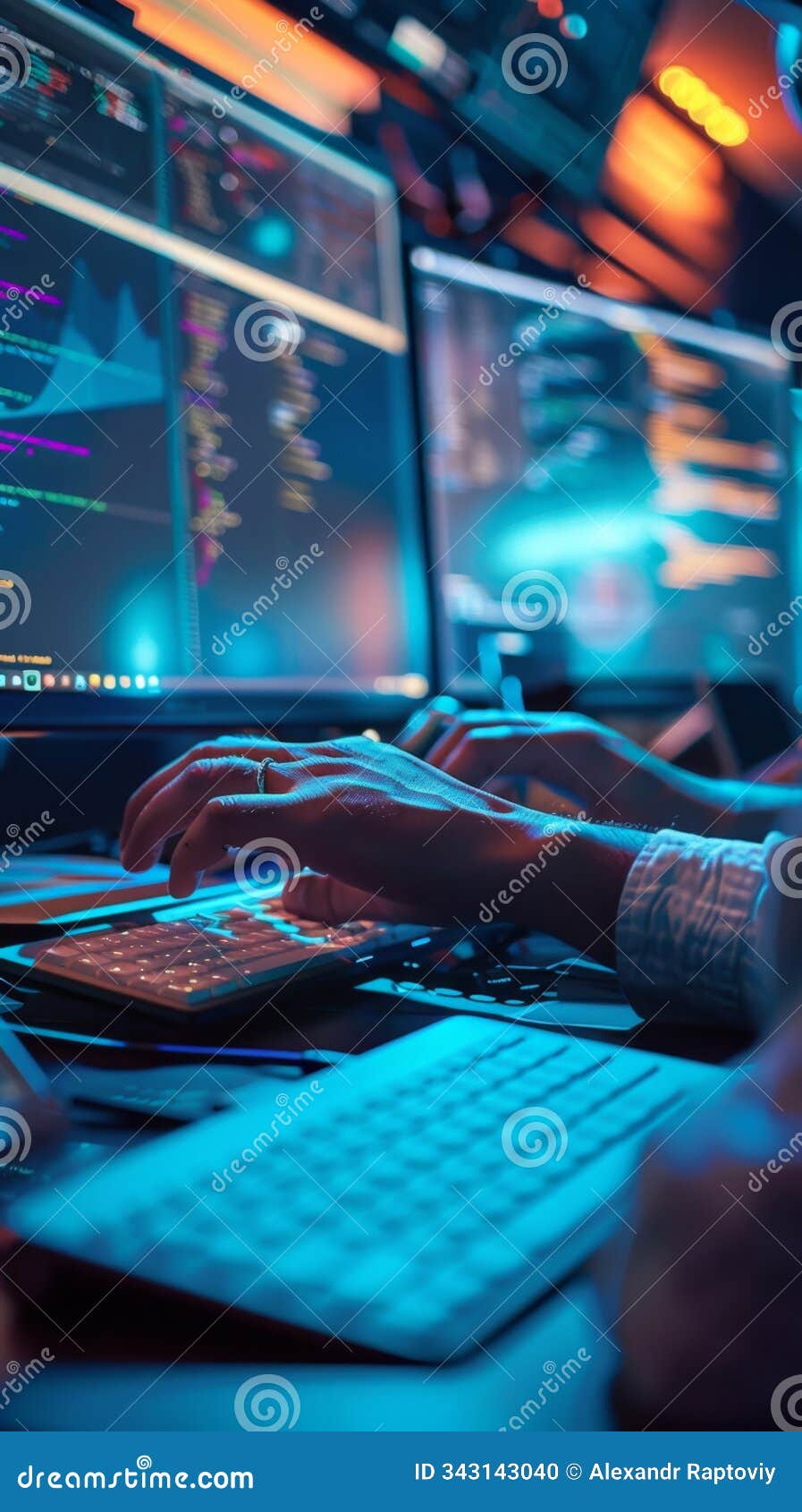 Professional Coder Immersed in Programming at a Vibrant Workstation in ...