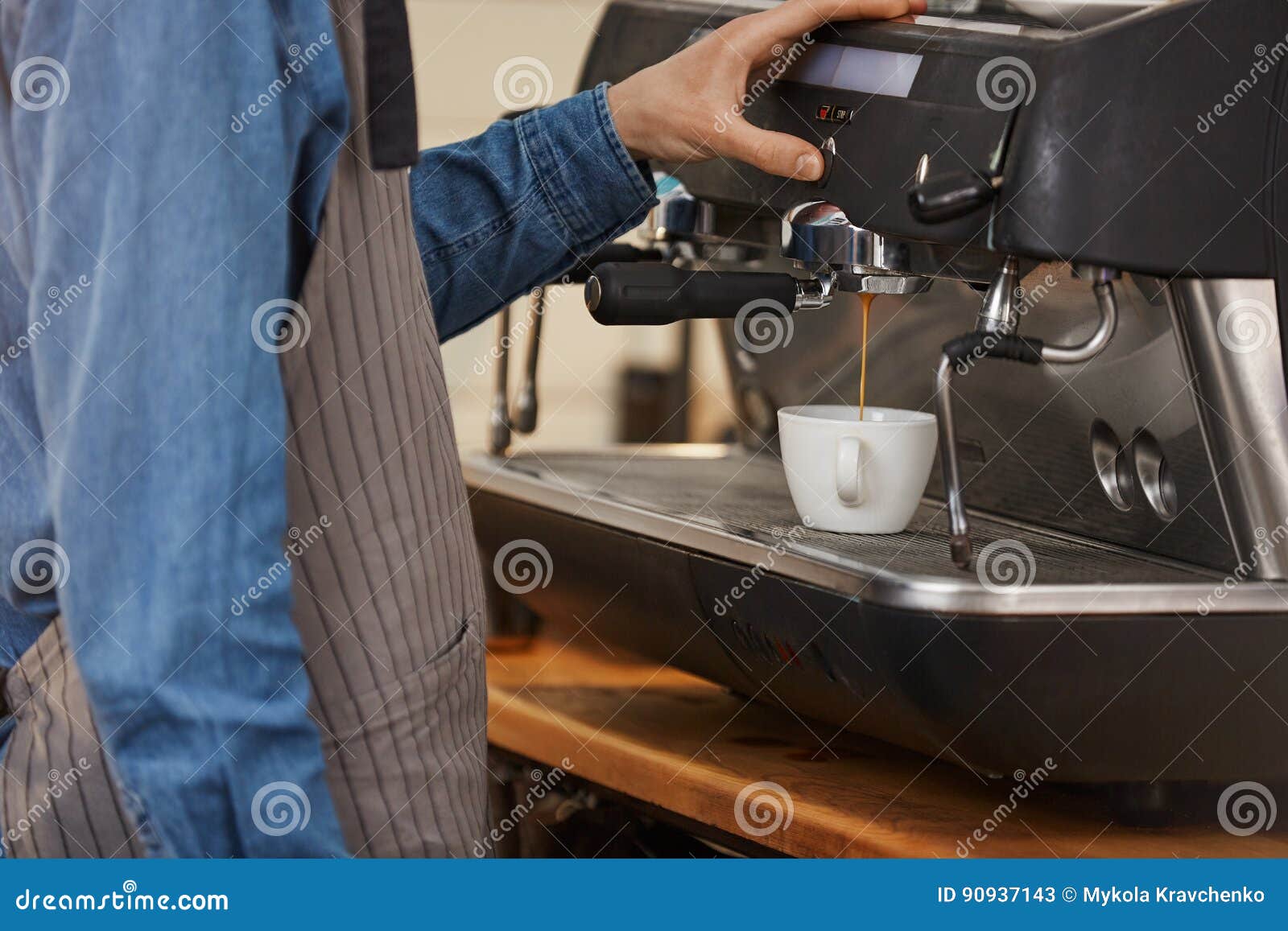 Professional Coffee Machine. Closeup of Bartender Making Coffee Drink ...