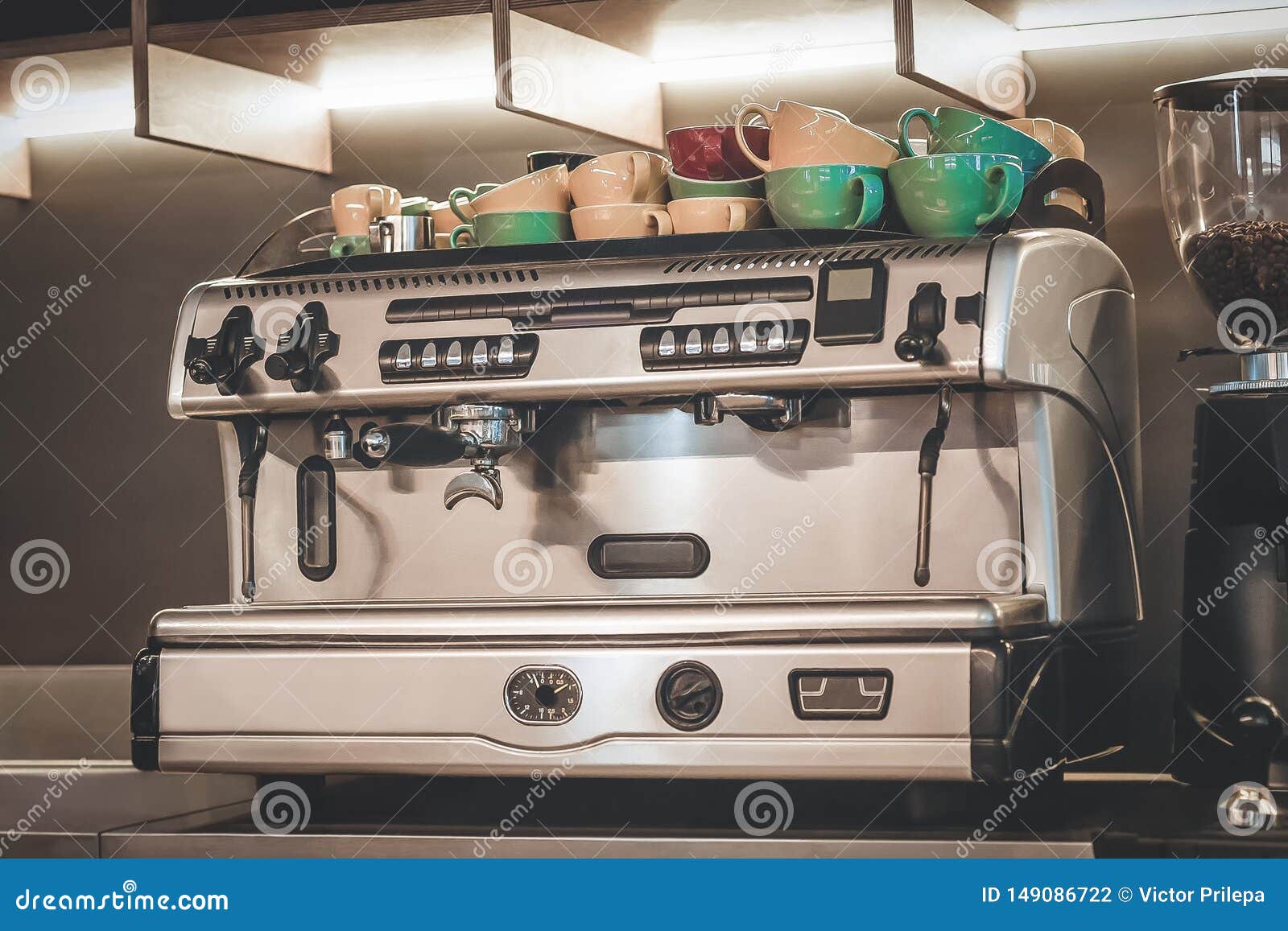 Professional Coffee Machine on a Gray Background with Colored Circles ...