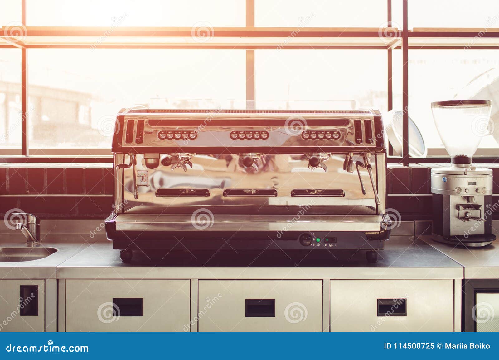 Professional Coffee Machine in Kitchen of Restaurant. Modern Equipment ...