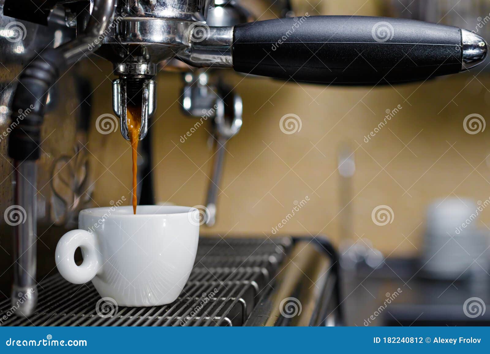 Professional Coffee. Espresso Machine Preparing And Pouring Two Perfect ...