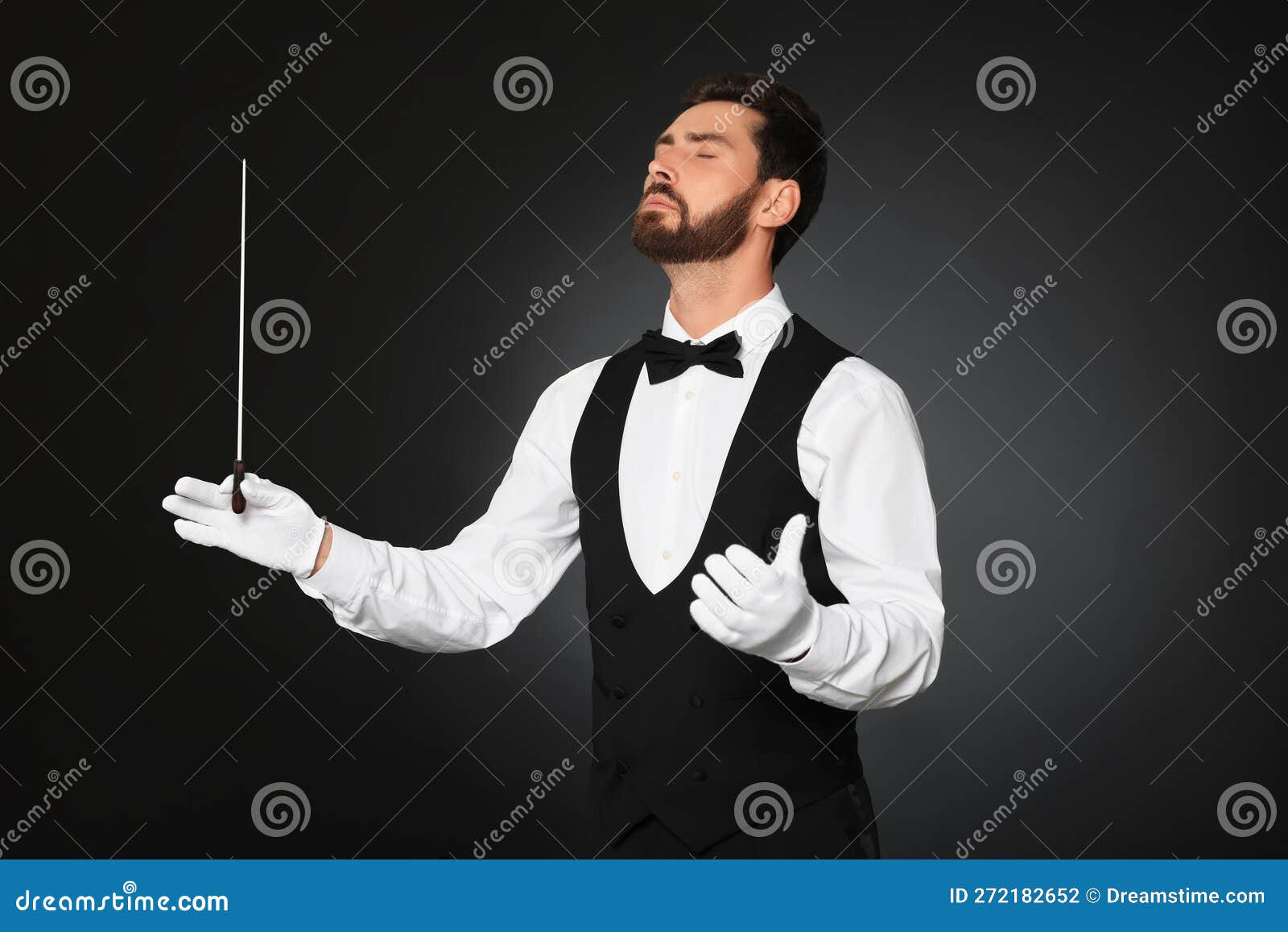 Professional Conductor with Baton on Black Background Stock Photo ...