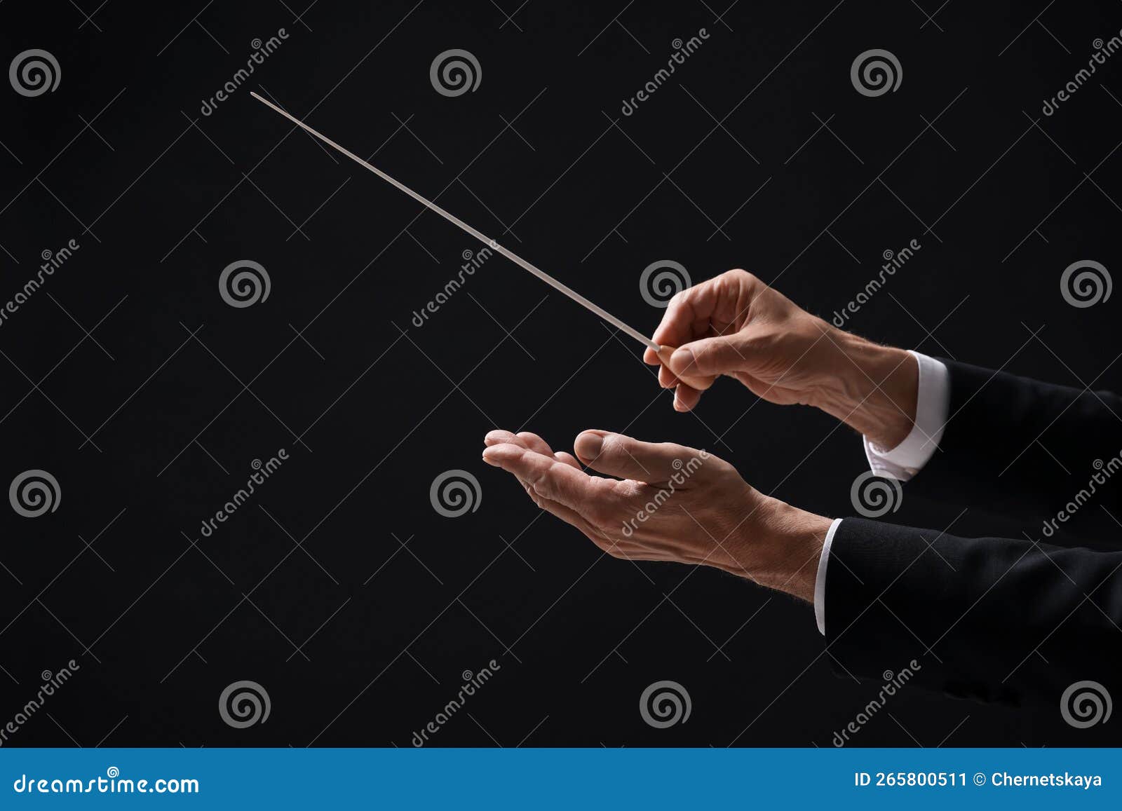 Professional Conductor with Baton on Black Background, Closeup Stock ...
