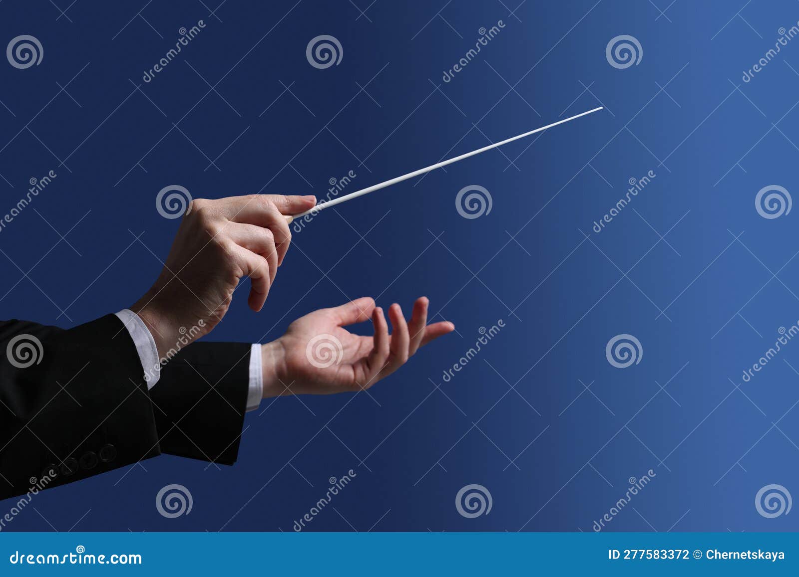 Professional Conductor with Baton on Blue Background, Closeup Stock ...