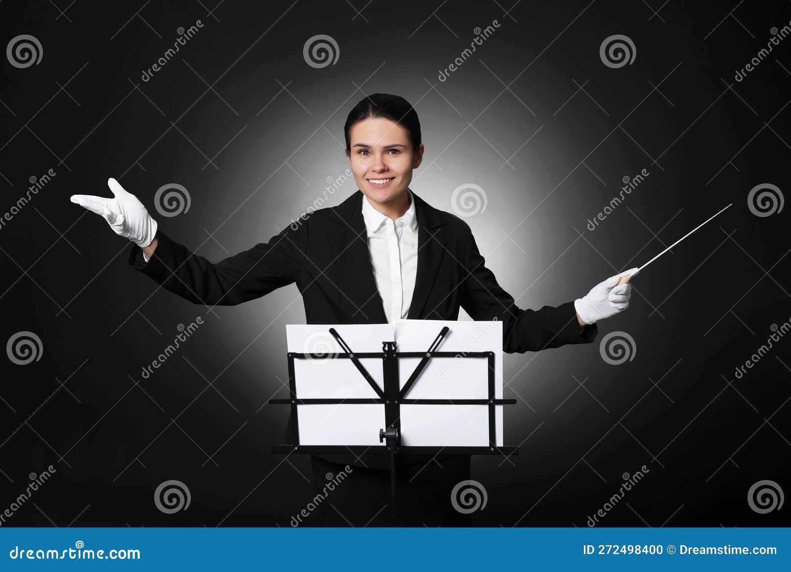 Professional Conductor with Baton and Note Stand on Black Background ...