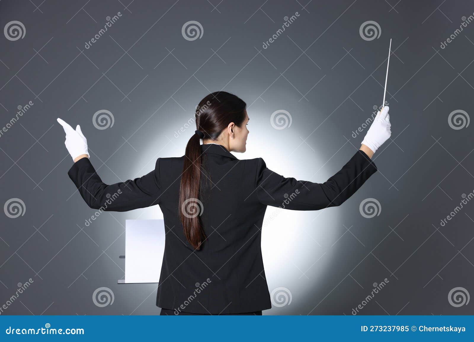 Professional Conductor with Baton and Note Stand on Grey Background ...
