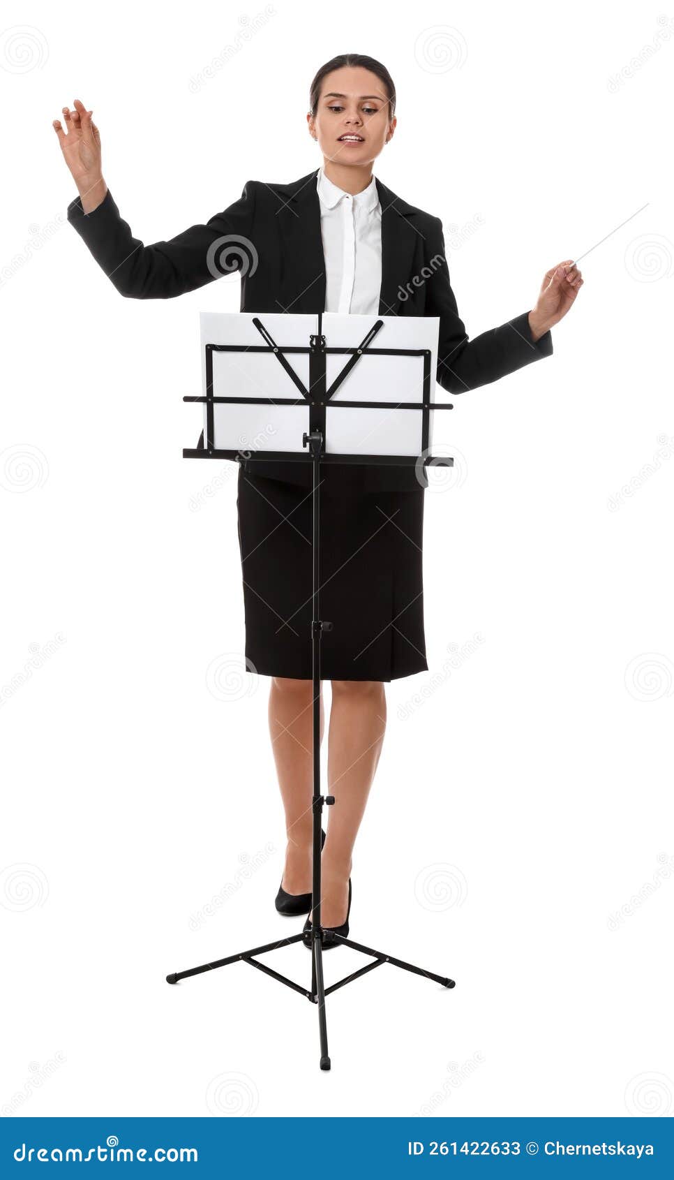 Professional Conductor with Baton and Note Stand on White Background ...