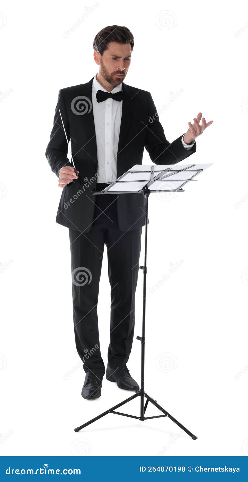 Professional Conductor with Baton and Note Stand on White Background ...