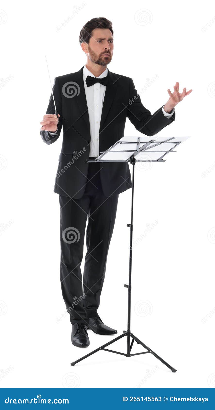 Professional Conductor with Baton and Note Stand on White Background ...