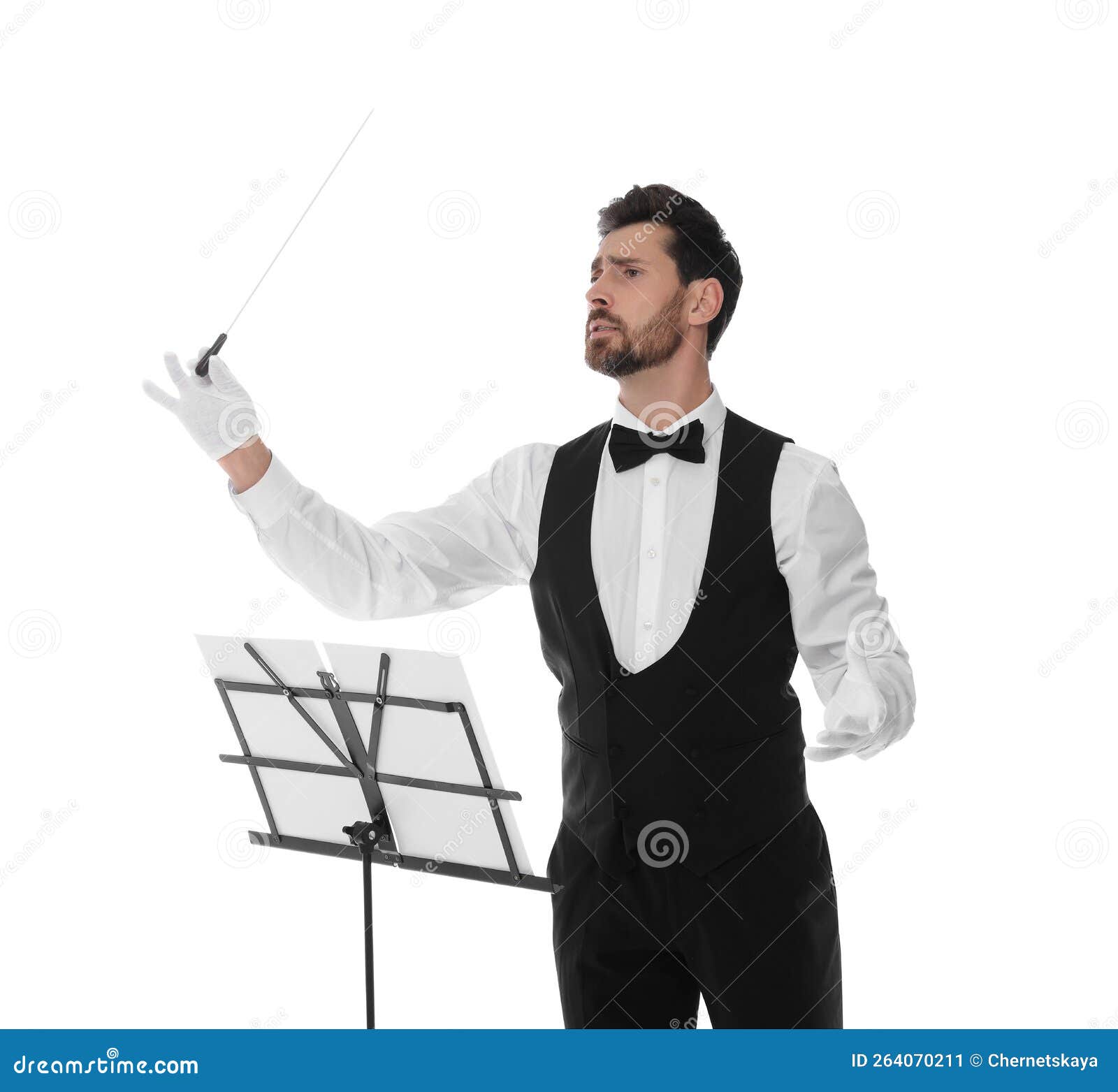 Professional Conductor with Baton and Note Stand on White Background ...