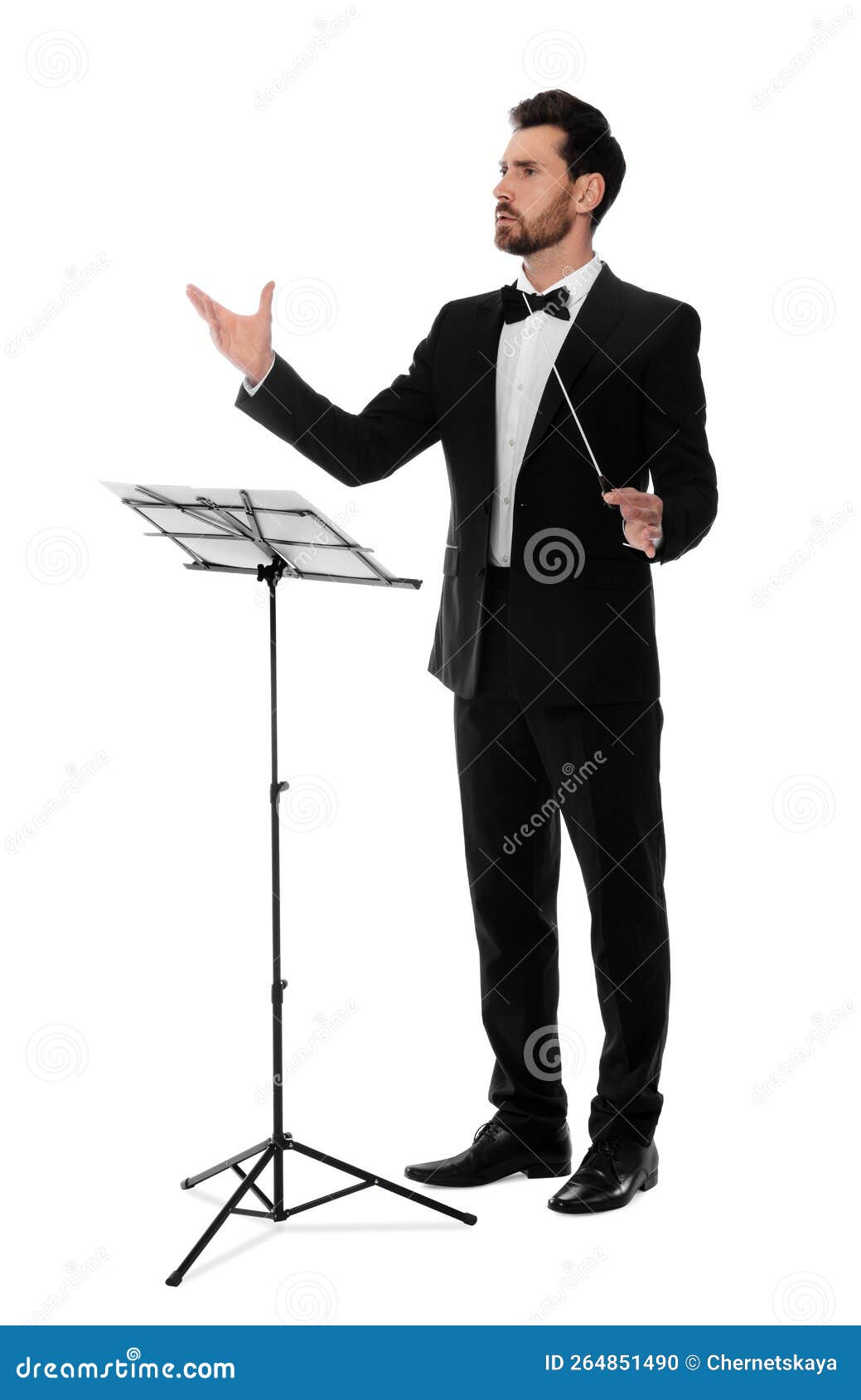 Professional Conductor with Baton and Note Stand on White Background ...