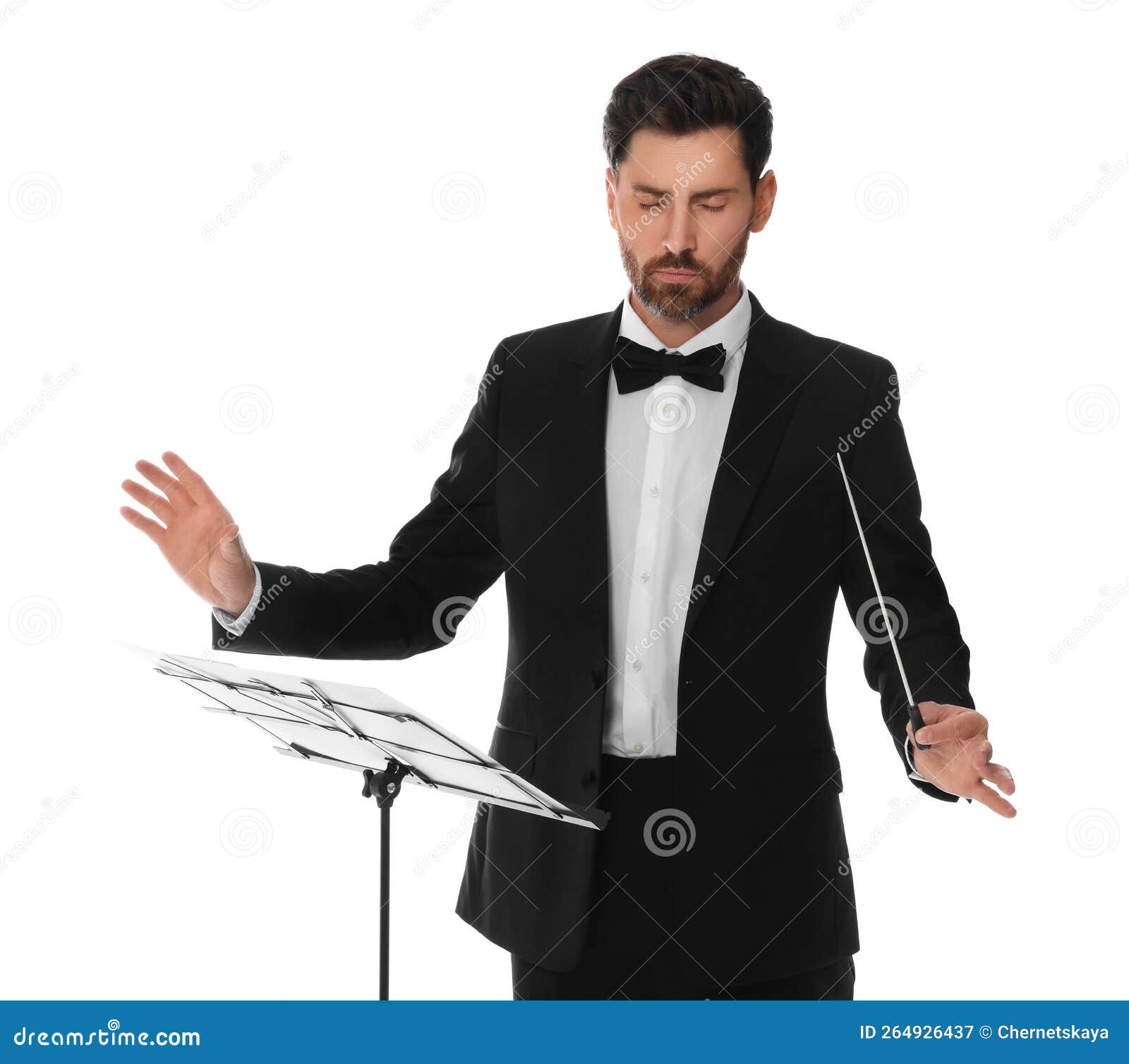 Professional Conductor with Baton and Note Stand on White Background ...