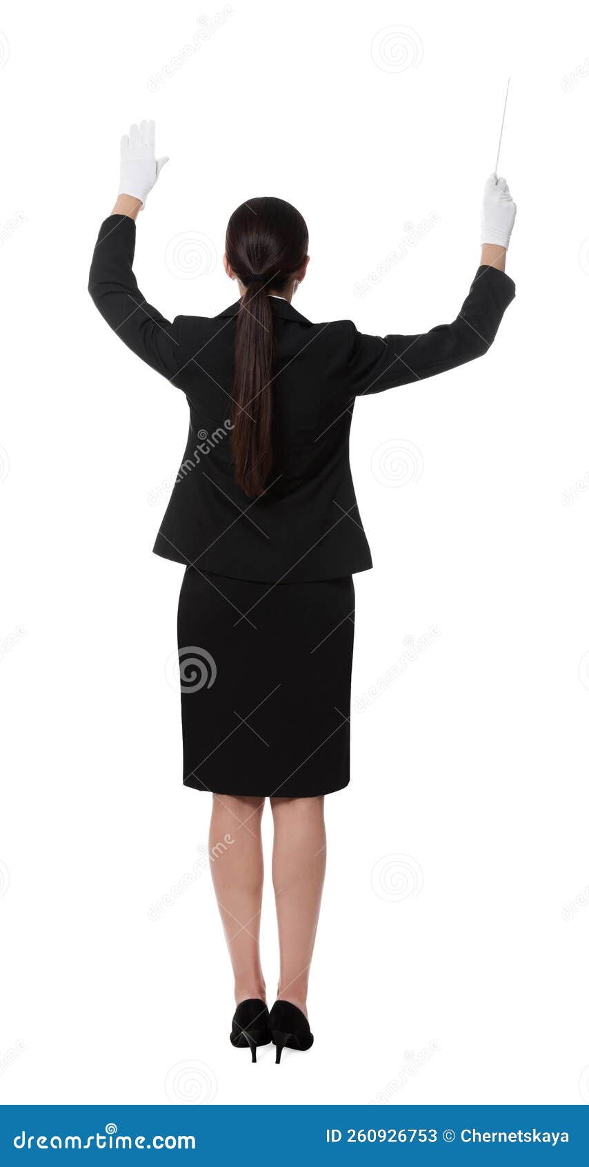 Professional Conductor with Baton on White Background, Back View Stock ...