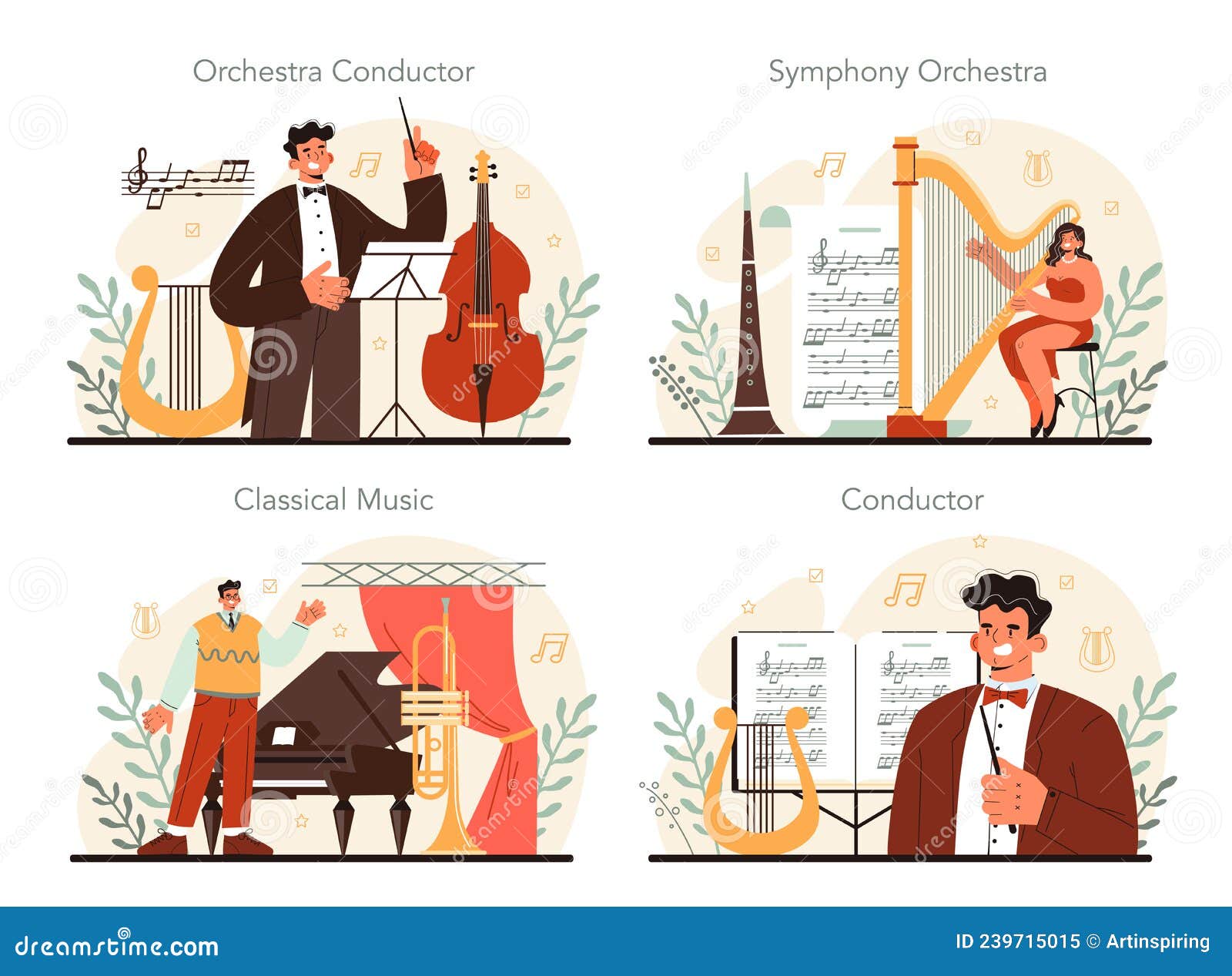 Professional Conductor Set. Conductor and Symphony Orchestra Performing ...
