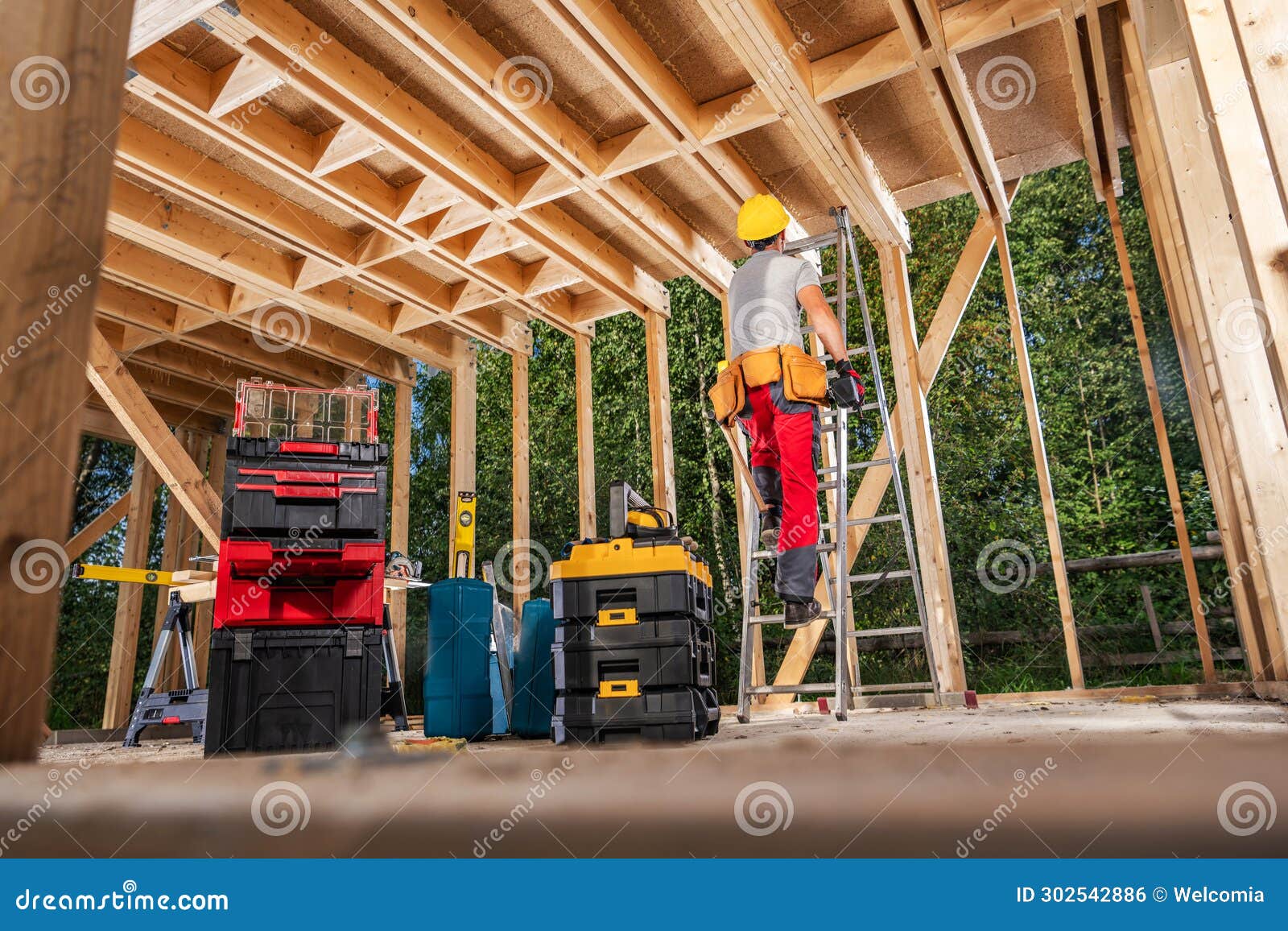 Professional Construction Contractor Building Wooden House Frame Stock ...
