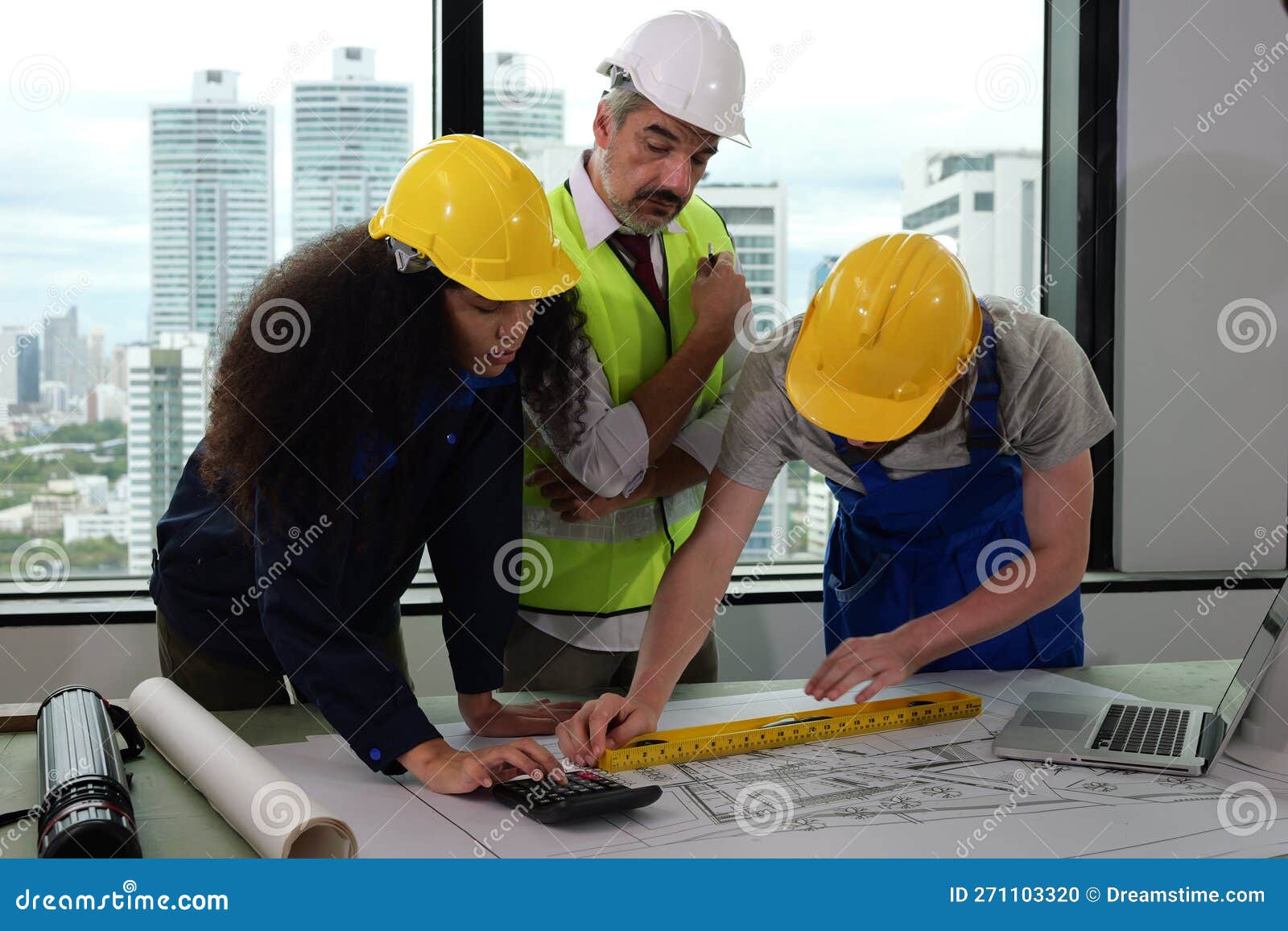 Professional Construction Engineers Team Using Blueprint of Project ...