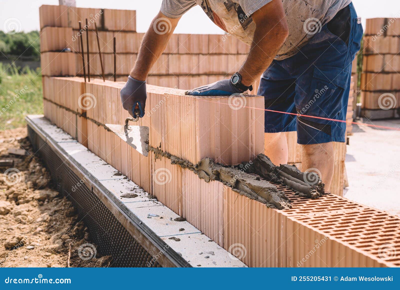 Professional Construction Worker Laying Bricks and Mortar - Building ...