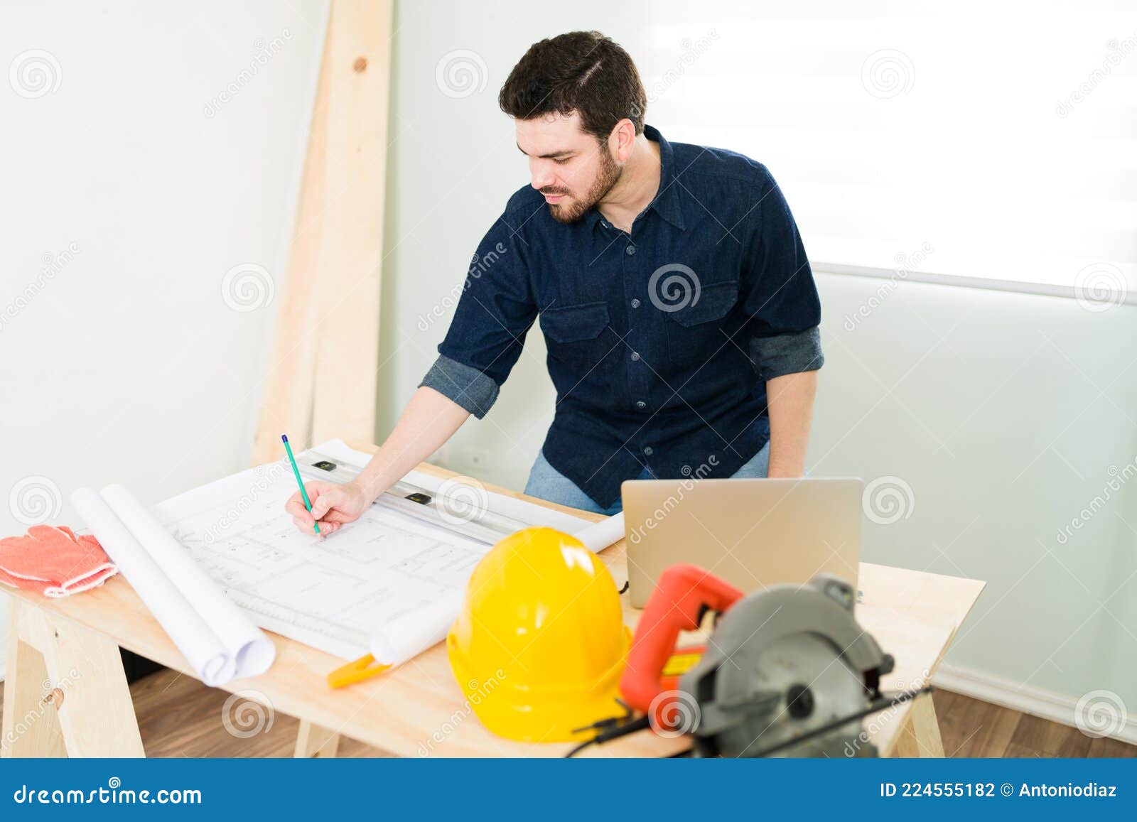 Professional Contractor with Blueprints Stock Photo - Image of adult ...