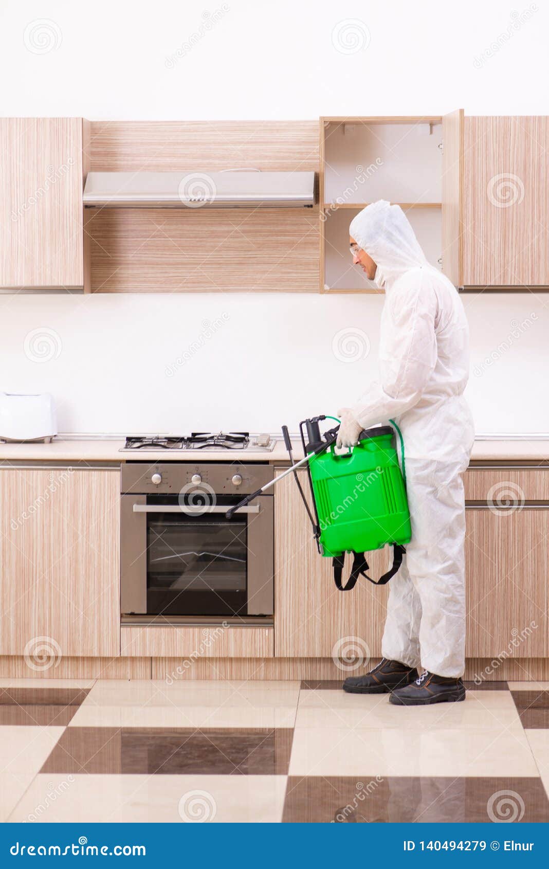 The Professional Contractor Doing Pest Control at Kitchen Stock Image ...