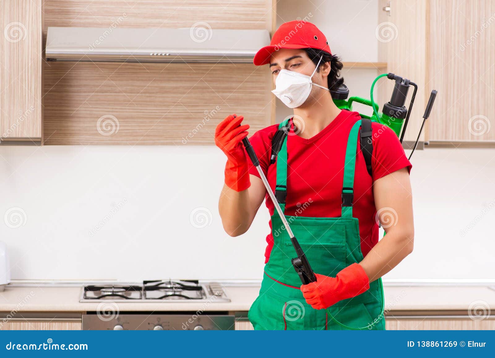 The Professional Contractor Doing Pest Control at Kitchen Stock Image ...