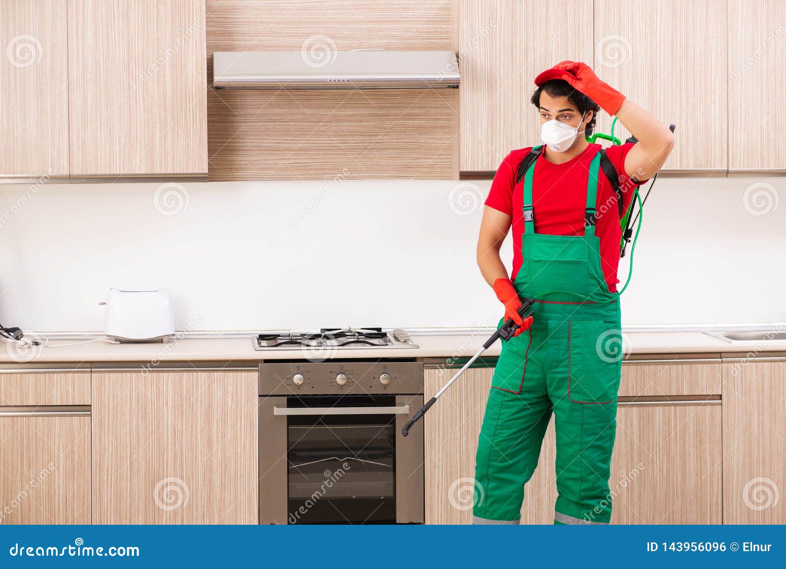 The Professional Contractor Doing Pest Control at Kitchen Stock Photo ...