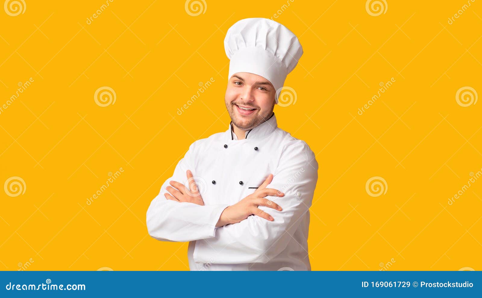 Professional Cook Guy Smiling Posing Crossing Hands in Studio, Panorama ...