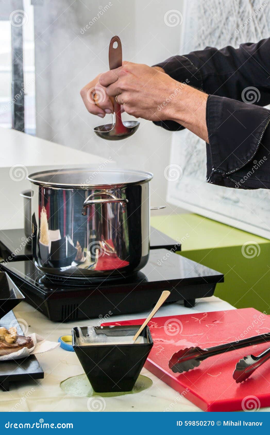 Professional Cook Hands Preparing a Delicious Soup Stock Photo - Image ...