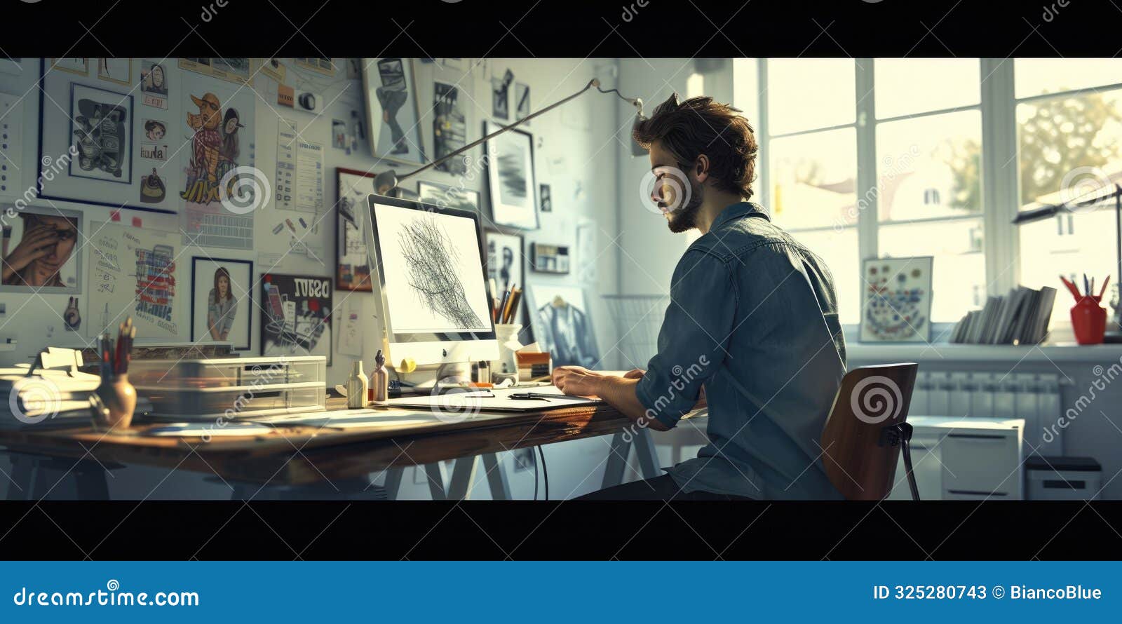 Creative Graphic Designer Working on Computer while Designing Product ...