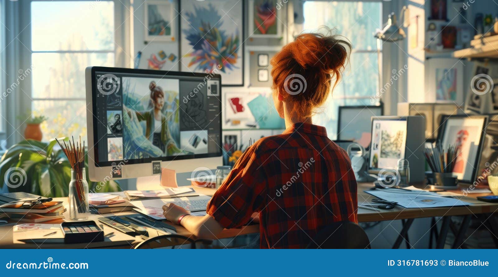 Creative Graphic Designer Working on Computer while Designing Product ...