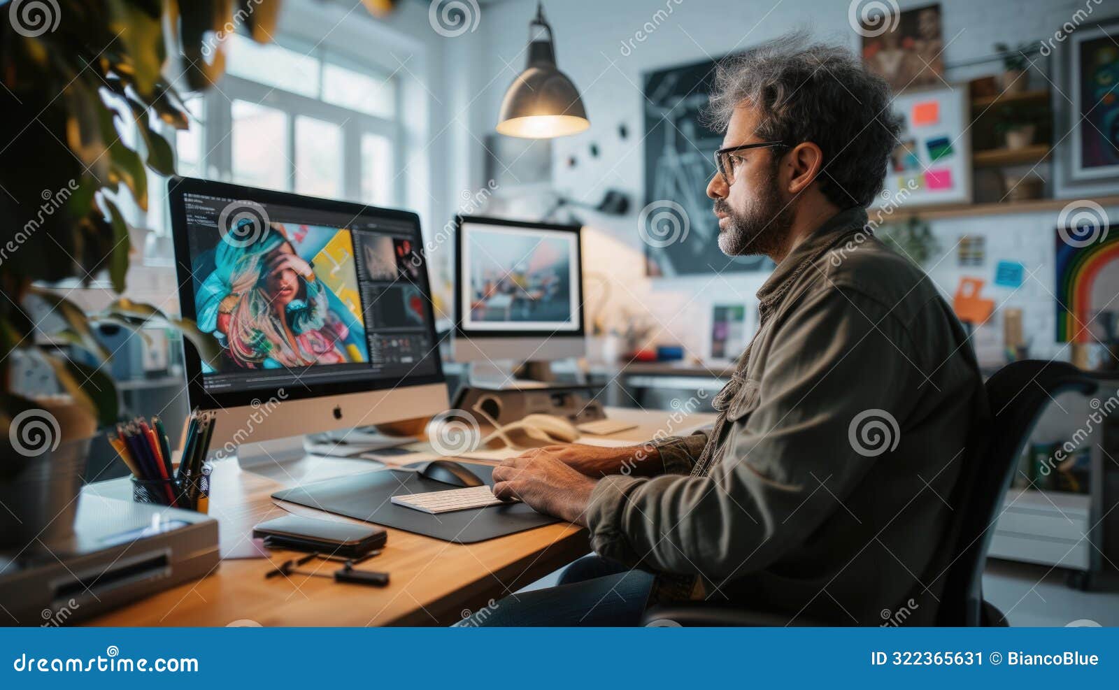 Creative Graphic Designer Working on Computer while Designing Product ...