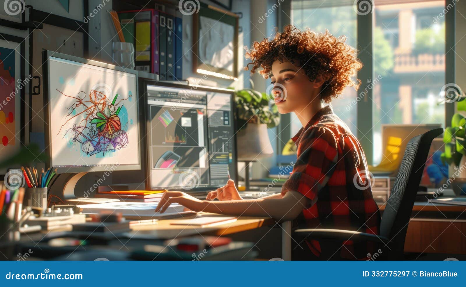 Creative Graphic Designer Working on Computer while Designing Product ...