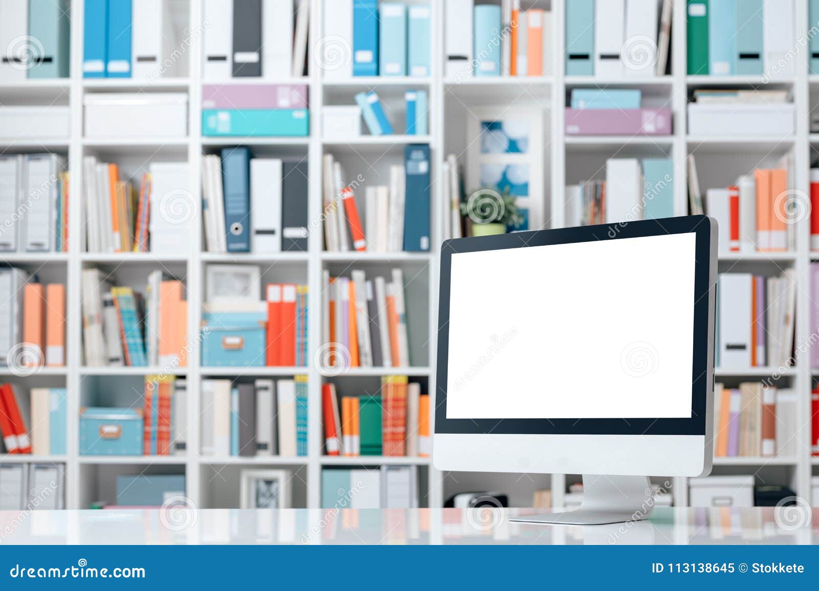 Professional Workspace with Computer and Shelves Stock Image - Image of ...