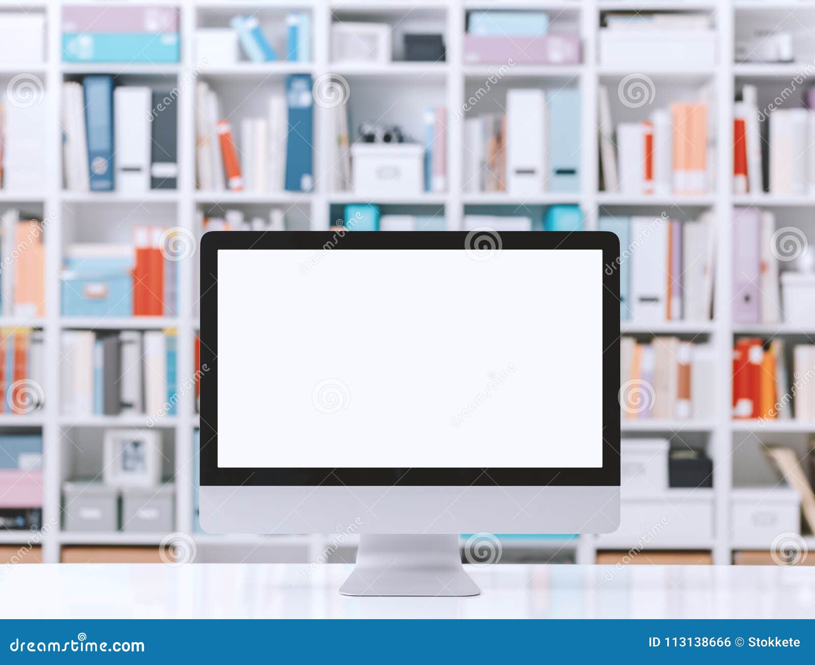 Professional Workspace with Computer and Shelves Stock Photo - Image of ...