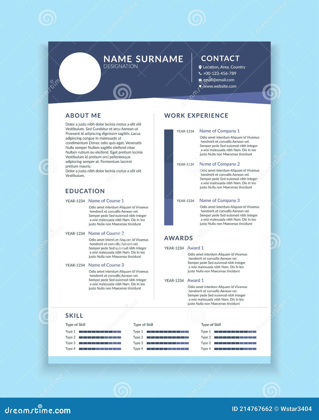 Professional CV or Resume Template in Blue Color Stock Vector ...