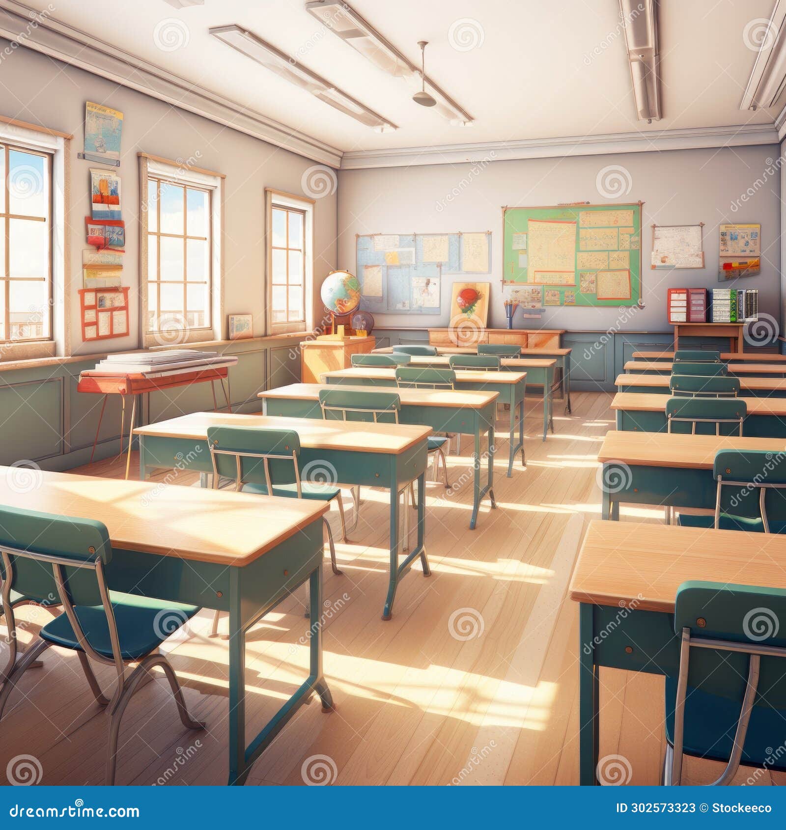 Professional 3d Cartoon Image of a Classroom with Windows and Desks ...