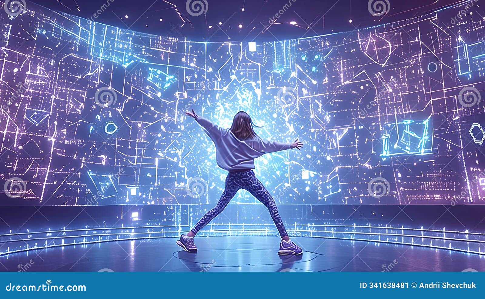 Professional Dancer Performing Against a Futuristic Digital Backdrop Stock Illustration ...