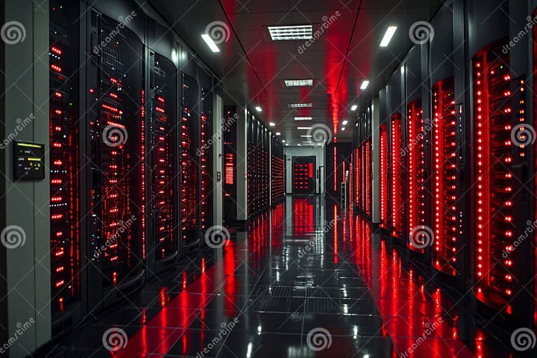 Professional Data Center Rows Illuminated Servers Showcasing Modern ...