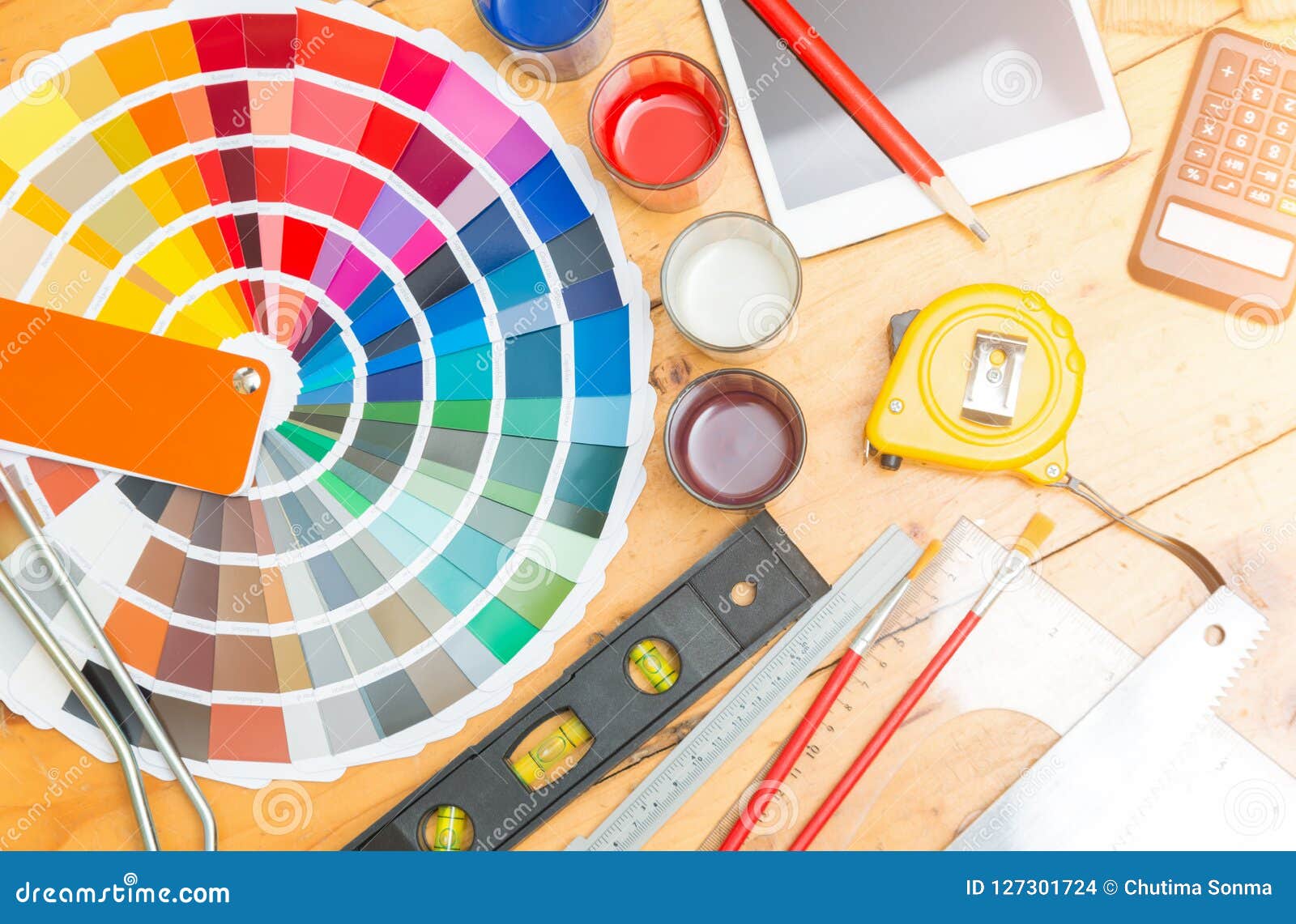 Professional Decorator Drawing on a House Project with Work Tool Stock ...