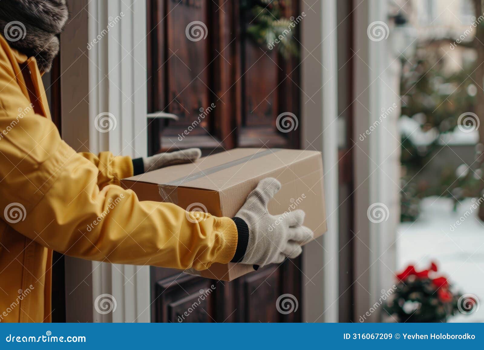 Professional Delivery Service. Hands Placing Package Near the Door for ...