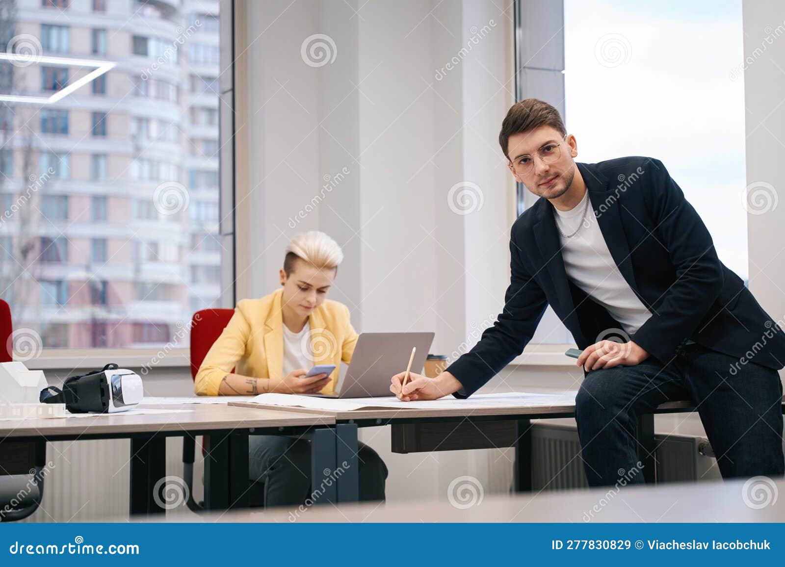 Professional Designer Working with Blueprint in the Office Stock Image ...