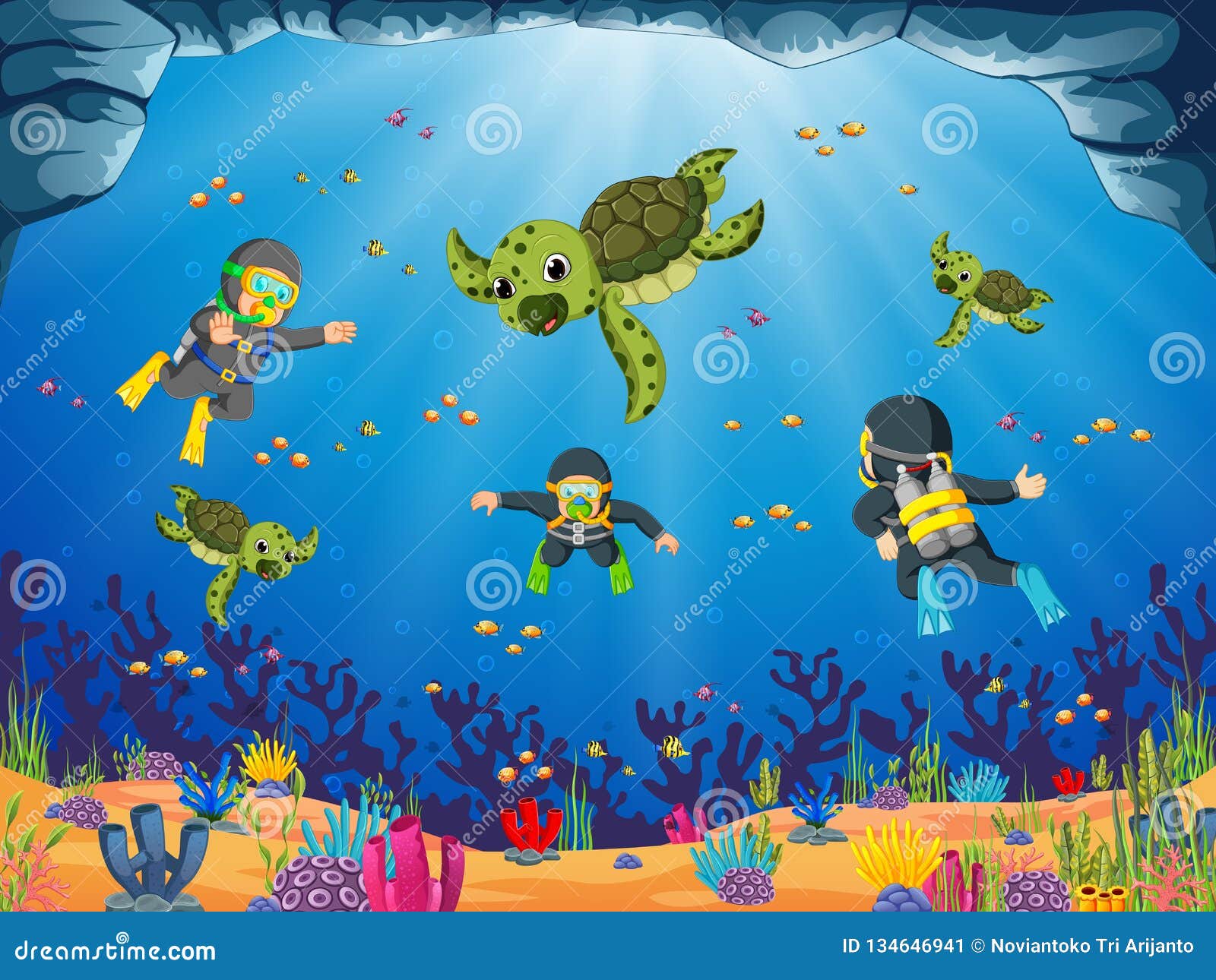 The Professional Diver are Diving with the Green Turtle Stock Vector ...
