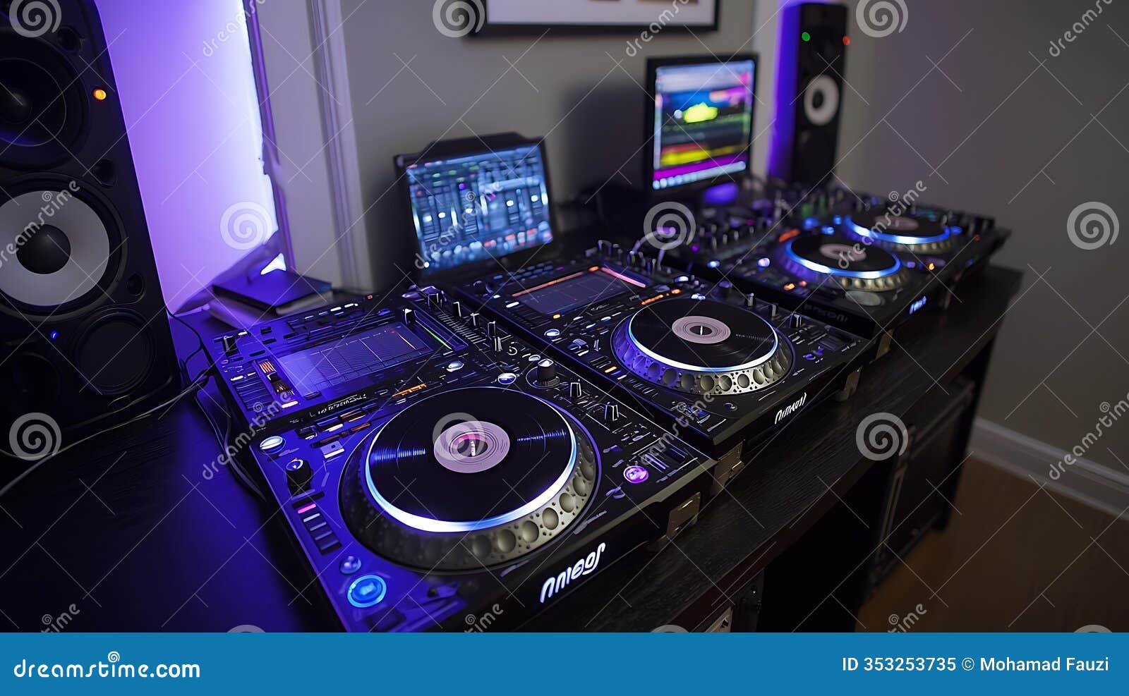 Professional DJ Setup with Turntables, Mixer, and Computer Stock ...