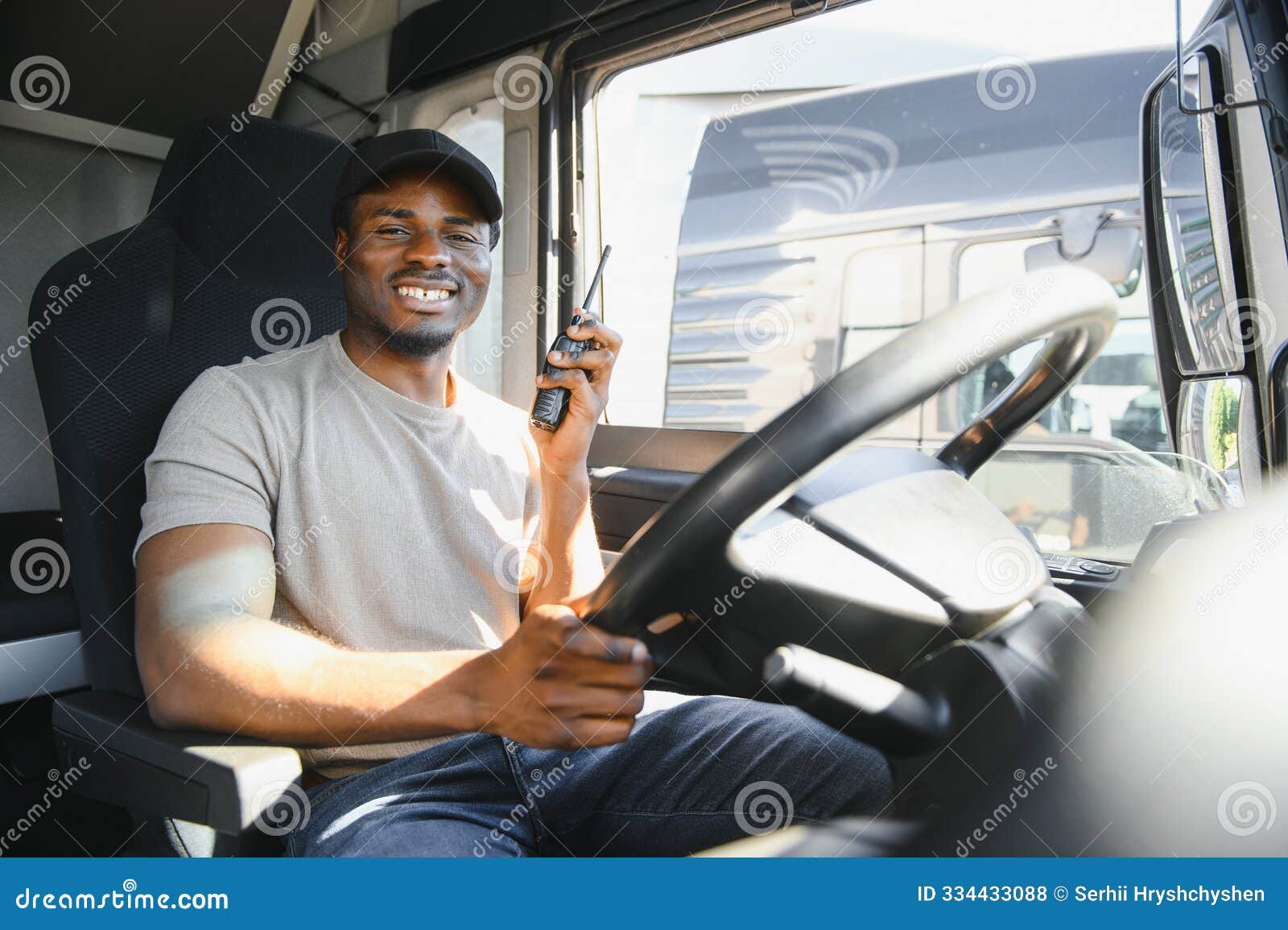 Professional Driver Sitting in Truck Cabin and Driving Stock Photo ...