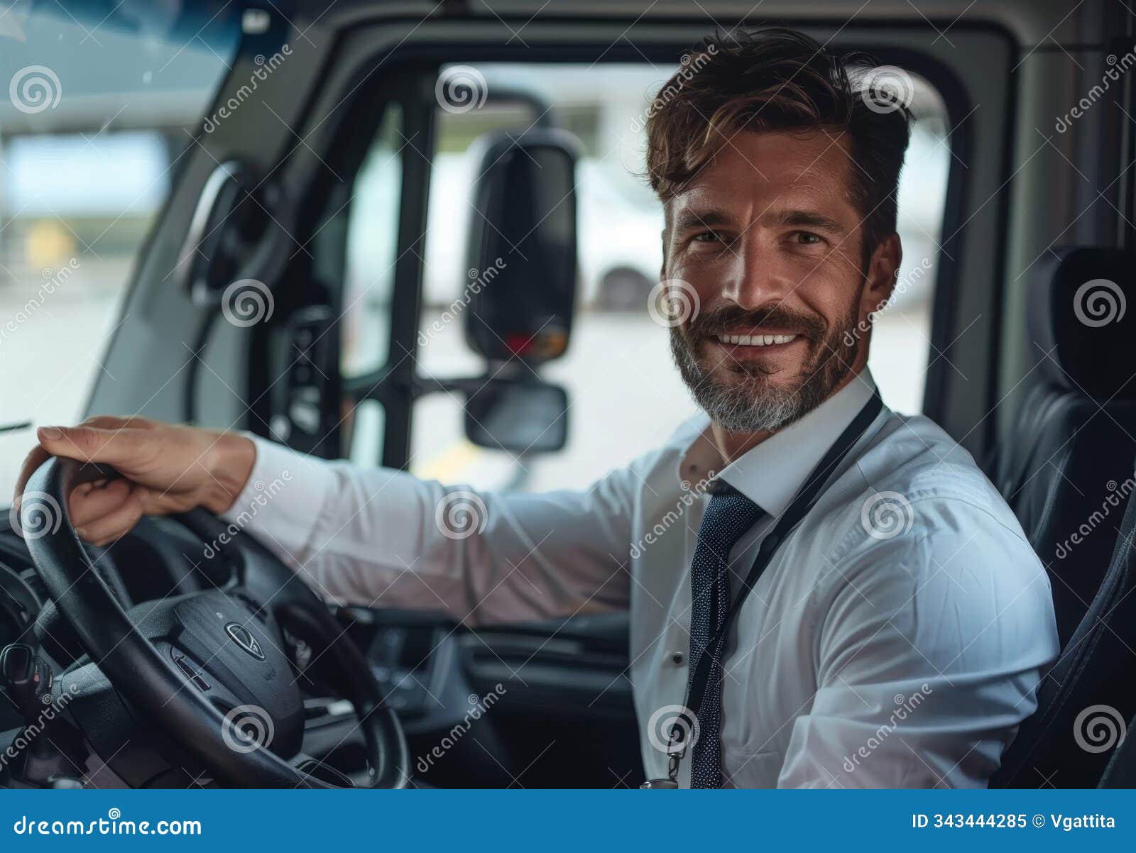 Professional Driver in Uniform Confidently Steering a Bus, Representing ...