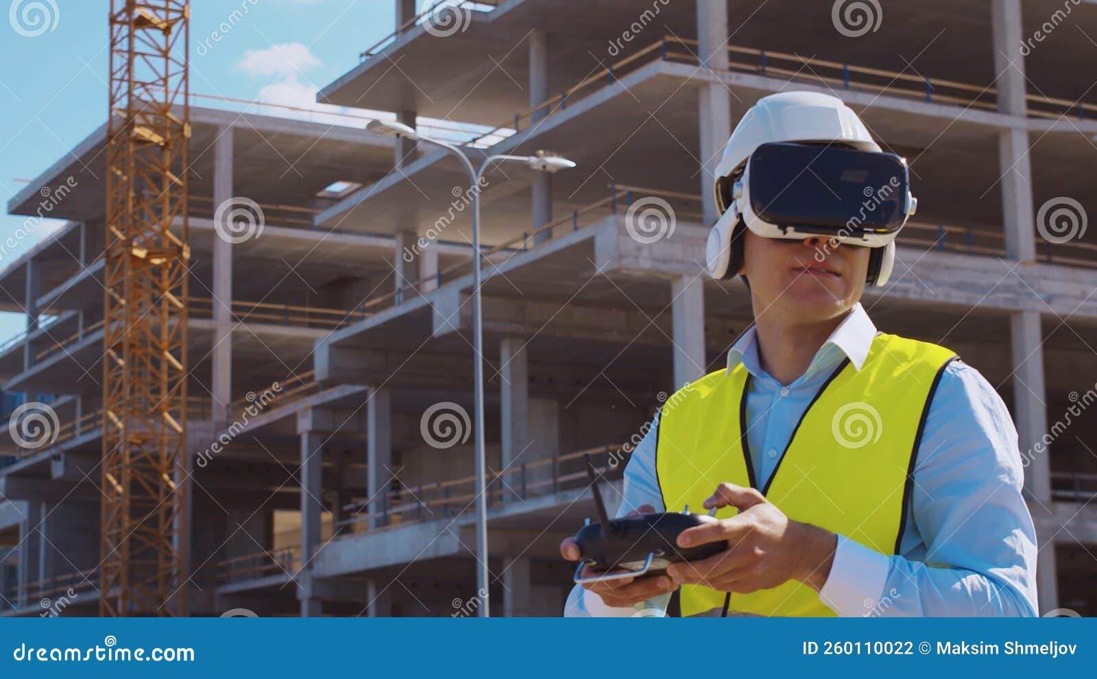 Professional Drone Operator in Virtual Reality Helmet Standing in Front ...