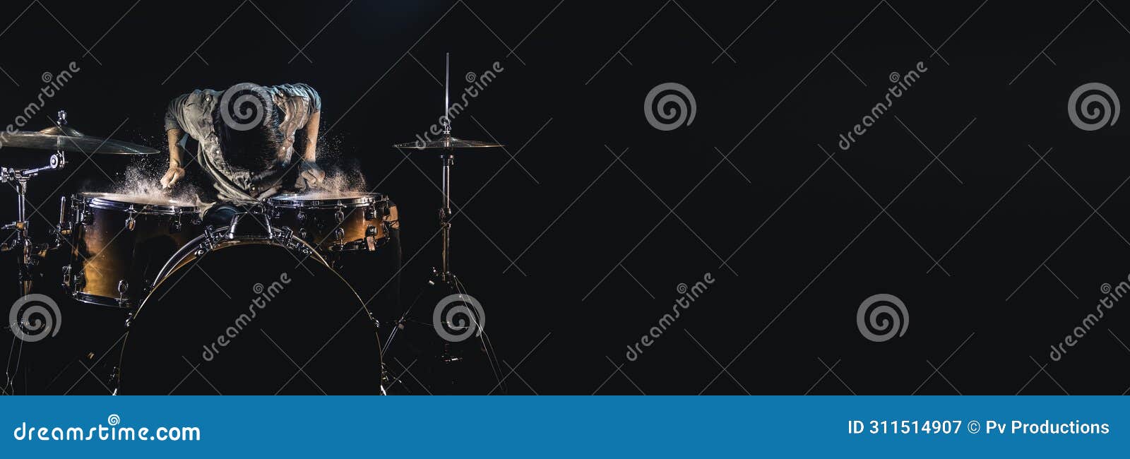 Professional Drummer Playing on Drum Set on Stage on the Black ...