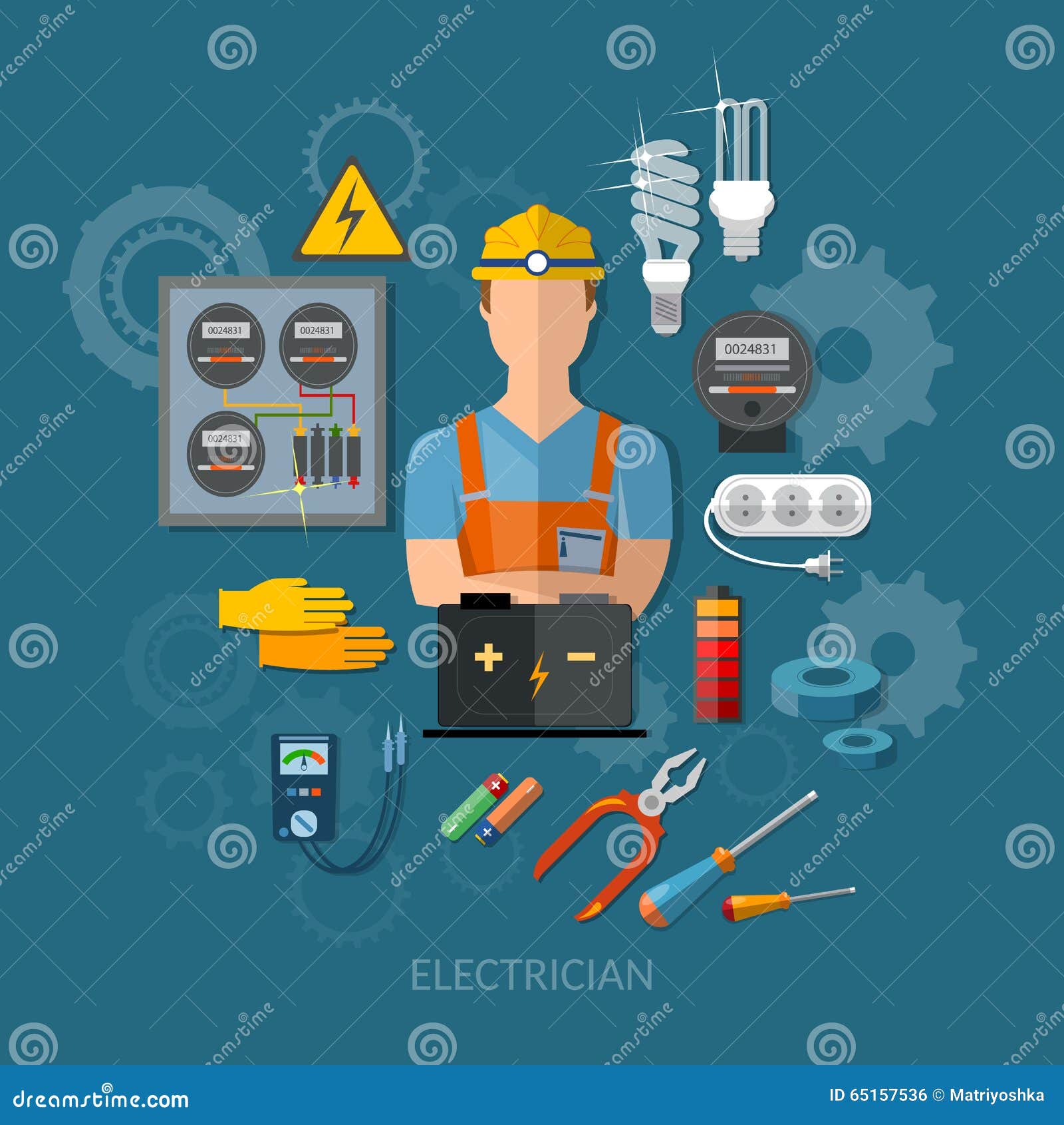 Professional Electrician Vector. Different Poses. Performing Electrical ...