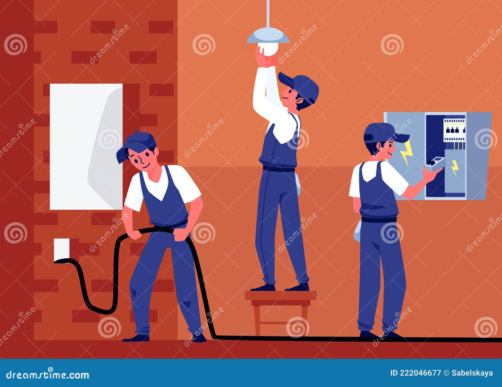 Professional Electricians Workers Performs Electric Works a Vector ...